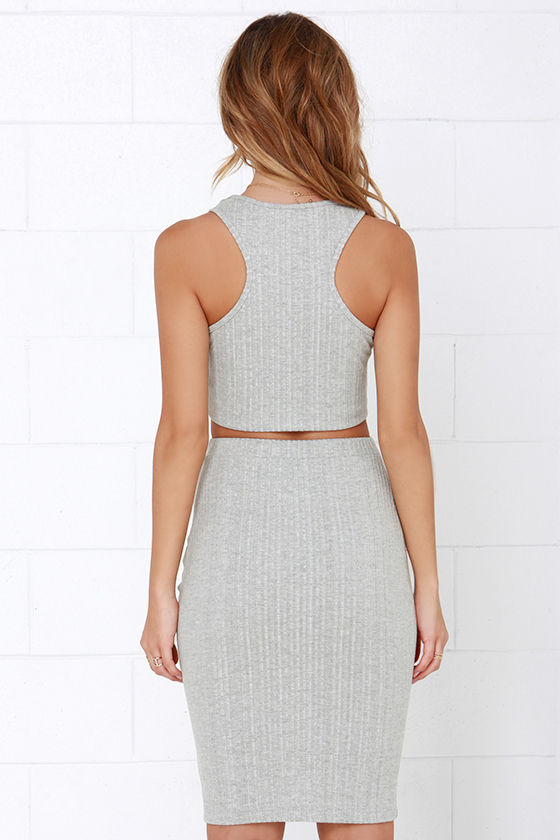 Grey Dress - Two-Piece Dress - Bodycon Dress - Midi Dress - $42.00