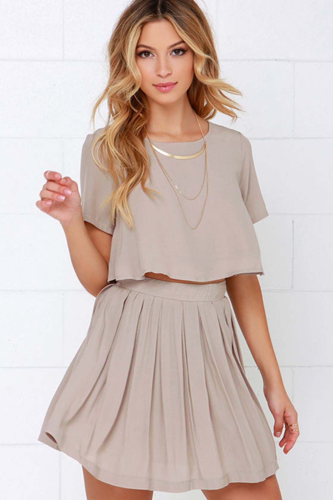 Cute Beige Dress - Two-Piece Dress - Skater Skirt - $62.00 - Lulus