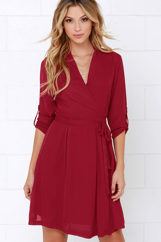 Cute Wine Red Dress - Long Sleeve Dress - Wrap Dress - $45.00 - Lulus
