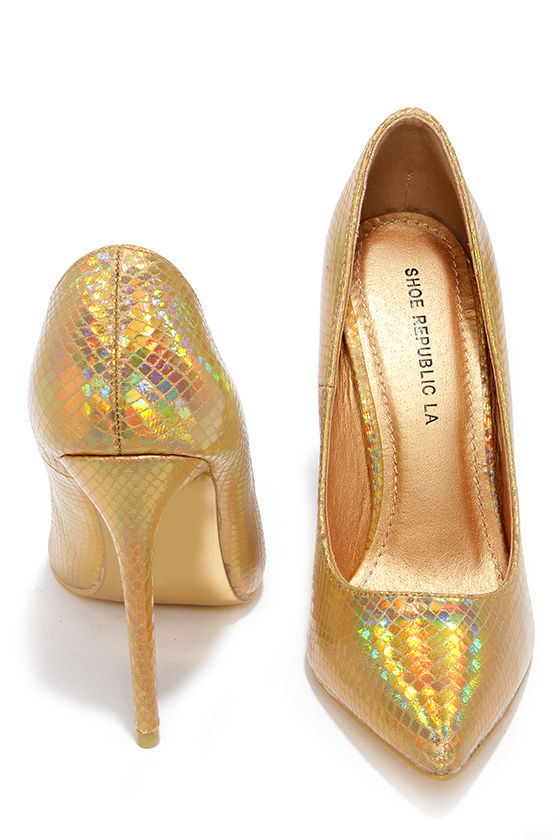 Sexy Gold Pumps - Pointed Pumps - Hologram Heels - $34.00 - Lulus