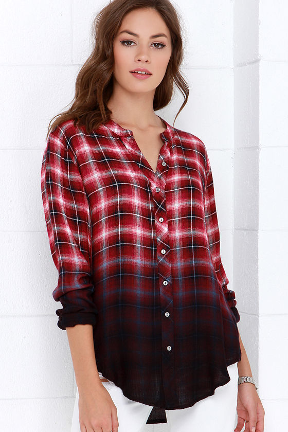 Cool Red Button-Up Top - Plaid Top - Dip-Dye Top - Ombre Top - $67.00 ...