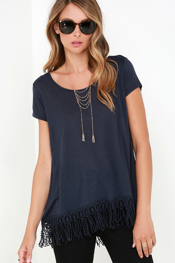 Cute Navy Blue Top - Short Sleeve Top - Fringe Top - $47.00 - Lulus