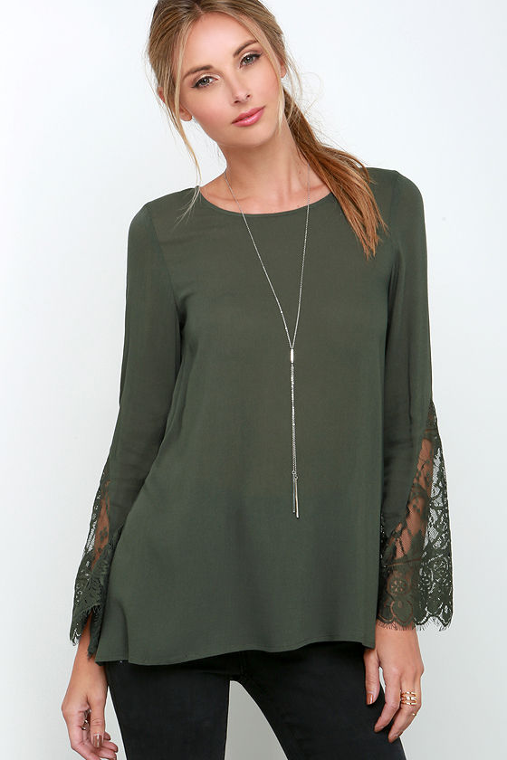 Olive Green Top Lace Top Long Sleeve Blouse 41 00 Lulus