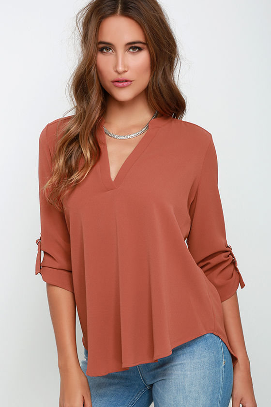 Cute Rust Orange Top - V-Neck Top - Three Quarter Sleeve Top - $40.00 ...