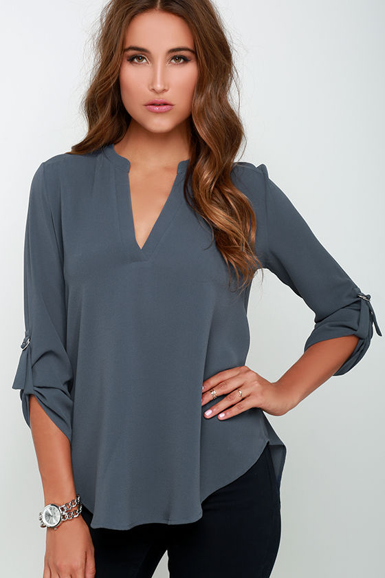 Cute Slate Blue Top - V-Neck Top - Three-Quarter Sleeve Top - $40.00 ...