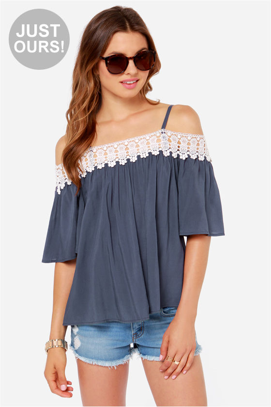 Pretty Slate Blue Top - Lace Top - Off the Shoulder Top - $38.00 - Lulus