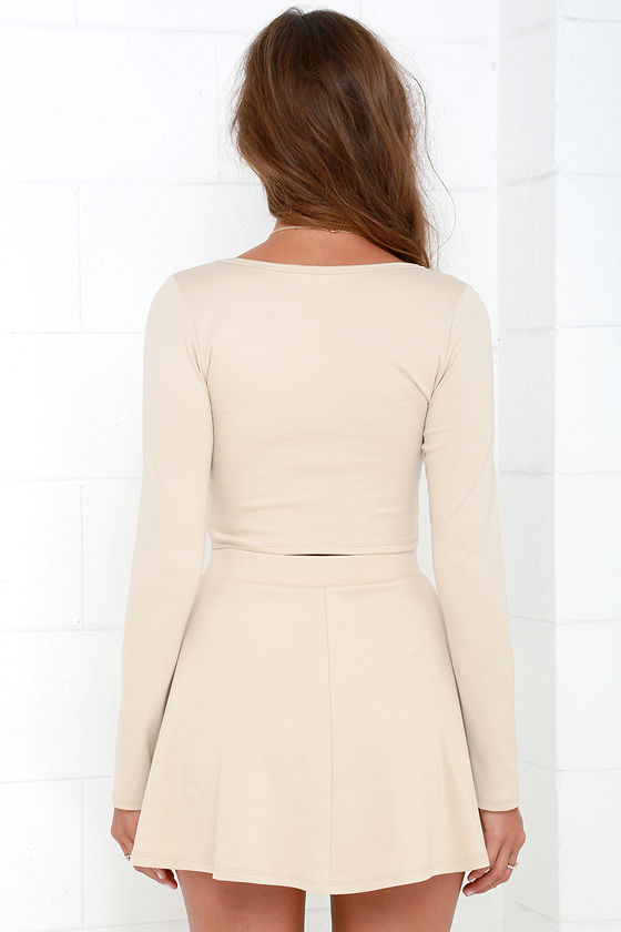 Beige Dress - Two-Piece Dress - Skater Dress - Long Sleeve Dress - $68.00