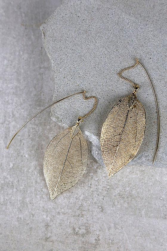 Pretty Gold Earrings - Leaf Earrings - Threader Earrings - $14.00 - Lulus
