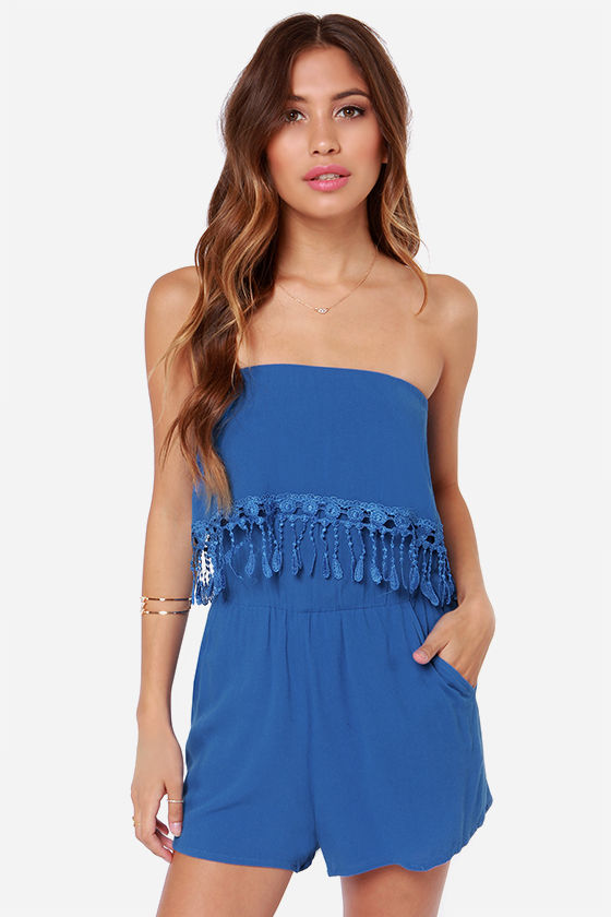 Cute Blue Romper Lace Romper Strapless Romper 36 00 Lulus
