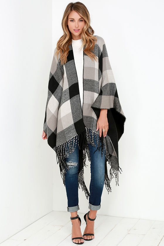 Chic Grey Poncho - Plaid Poncho - Fringe Poncho - $47.00 - Lulus