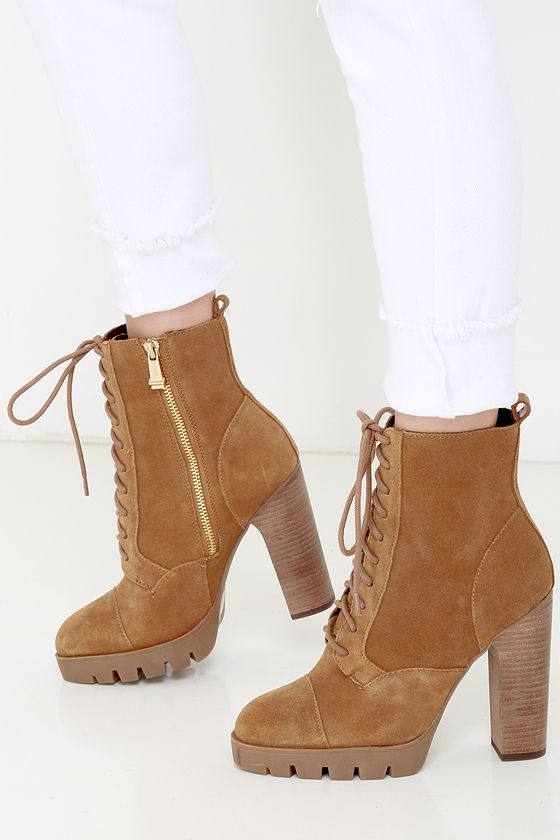 Cute Tan Boots - High Heel Boots - Lug Sole Booties - $113.00