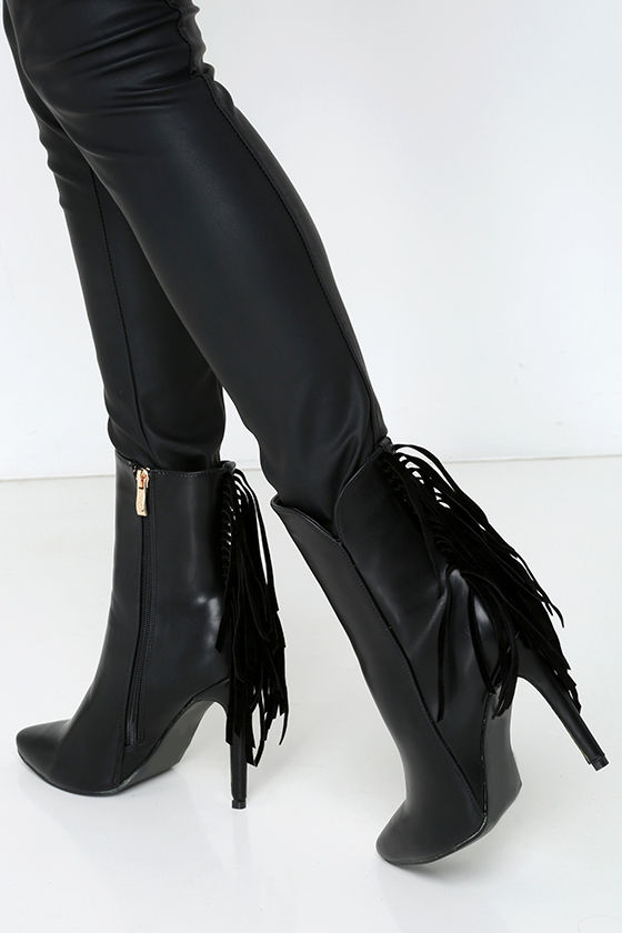 Sexy Black Booties High Heel Booties Fringe Booties 4400