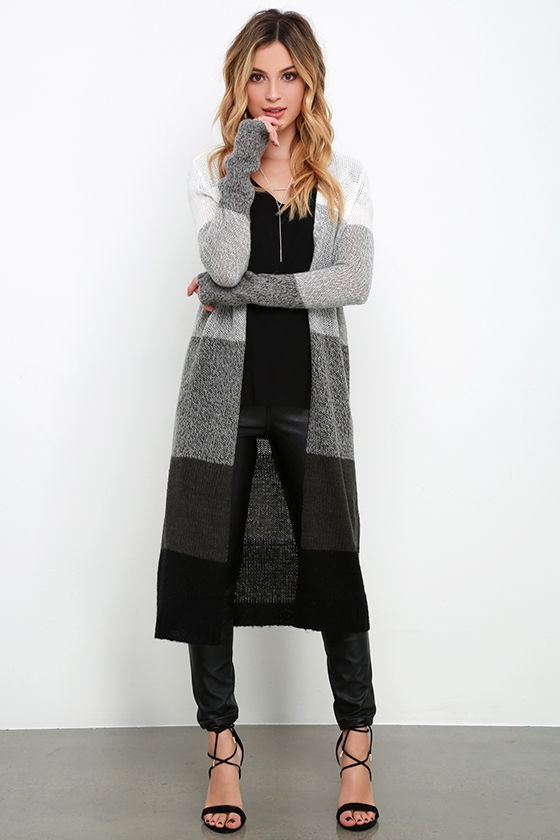 Cute Grey Striped Sweater - Long Cardigan - Color Block Cardigan - $70. ...