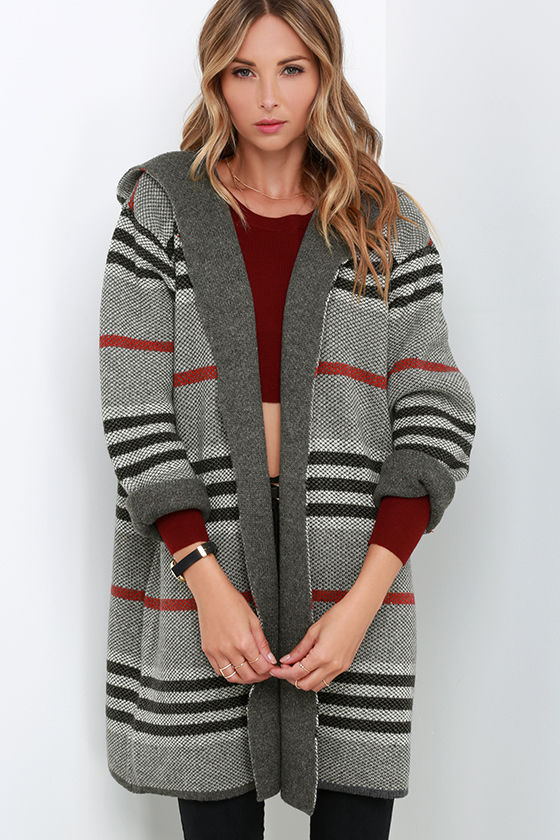 Grey Sweater Jacket - Striped Sweater - Hooded Jacket - $108.00 - Lulus