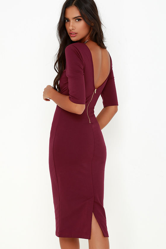 Cute Burgundy Dress - Midi Dress - Bodycon Dress - Cocktail Dress - $44.00