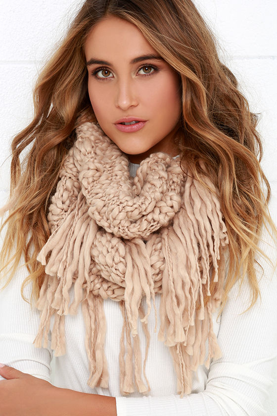 Stylish Beige Scarf - Infinity Scarf - Circle Scarf - Fringe Scarf ...