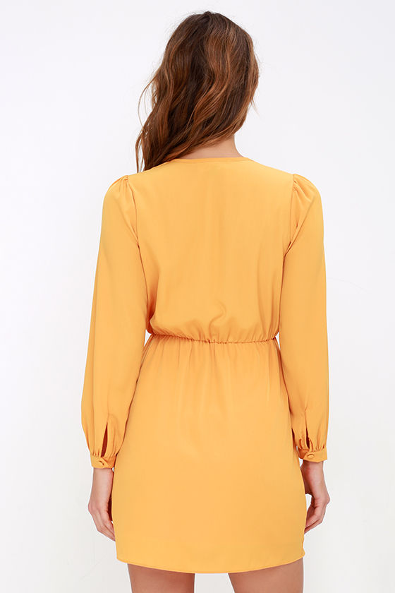 Cute Mustard Yellow Dress Wrap Dress Long Sleeve Dress 49 00
