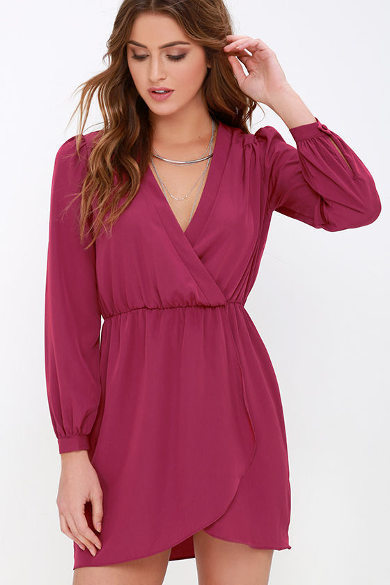 Cute Berry Pink Dress - Wrap Dress - Long Sleeve Dress - $49.00 - Lulus