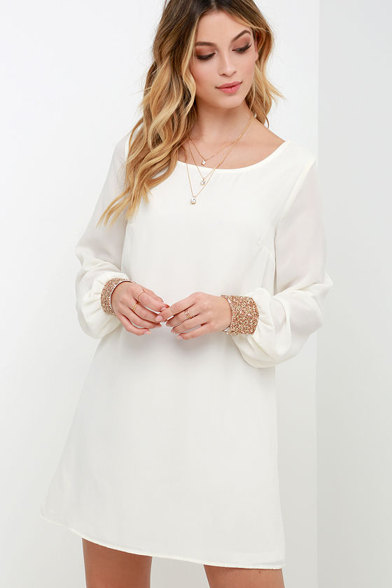 Long Sleeve Dress- Shift Dress - Ivory Dress - White Dress - $59.00 - Lulus