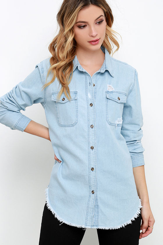 Denim Shirt - Button-Up Top - Long Sleeve Top - $46.00 - Lulus