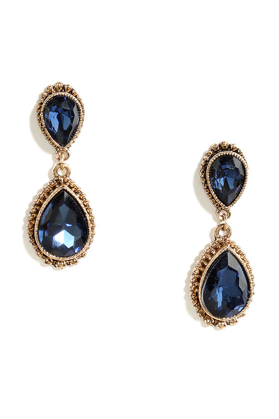 Stunning Gold Earrings - Blue Rhinestone Earrings - $11.00 - Lulus