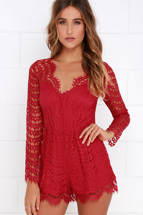 Cute Red Romper - Red Lace Romper - Long Sleeve Romper - $64.00 - Lulus