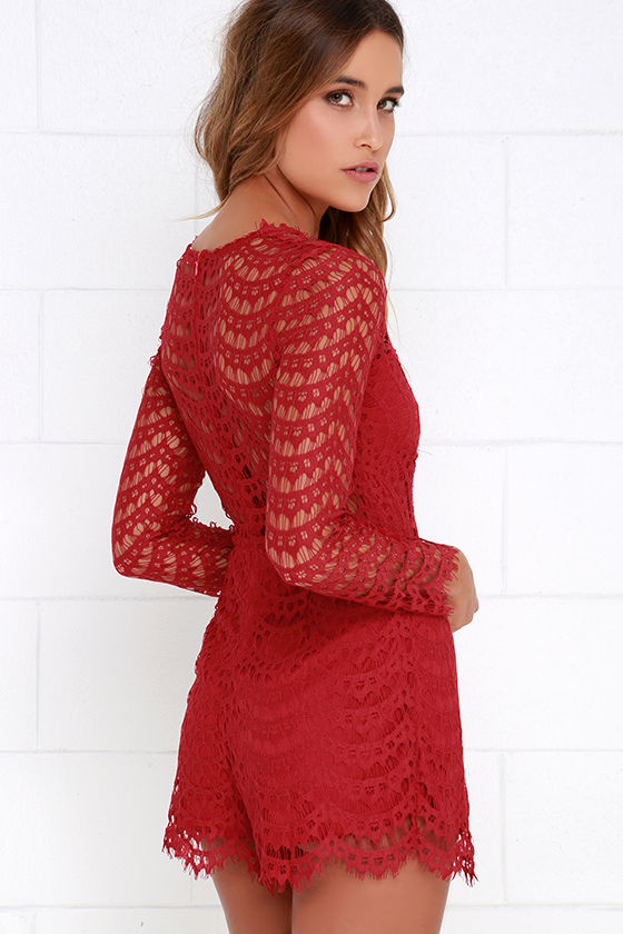 Cute Red Romper - Red Lace Romper - Long Sleeve Romper - $64.00
