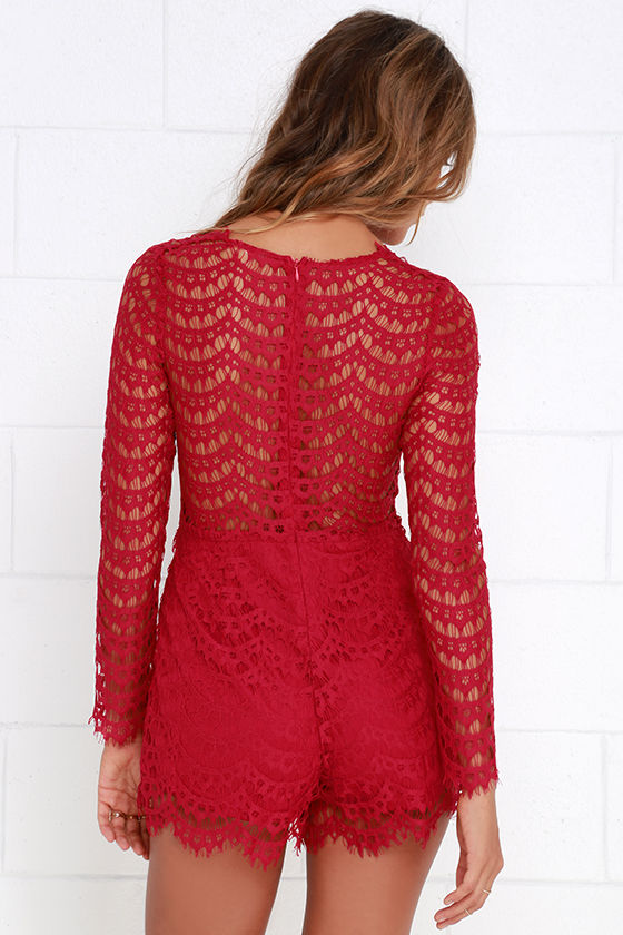 Cute Red Romper - Red Lace Romper - Long Sleeve Romper - $64.00