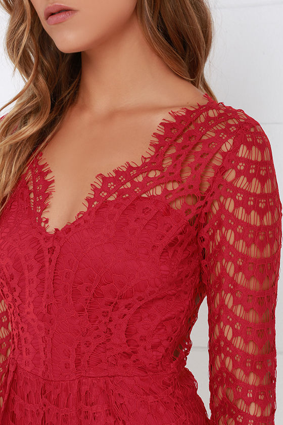 Cute Red Romper - Red Lace Romper - Long Sleeve Romper - $64.00