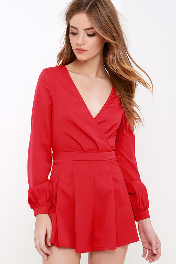Cute Red Romper - Long Sleeve Romper - Pleated Romper - $54.00 - Lulus