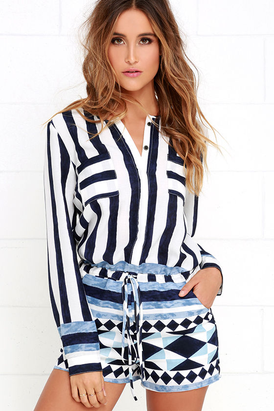 Cute Blue Striped Romper - Long Sleeve Romper - $49.00 - Lulus