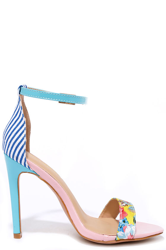 Cute Pink Heels - Blue Heels - Print Heels - Ankle Strap Heels - $35.00