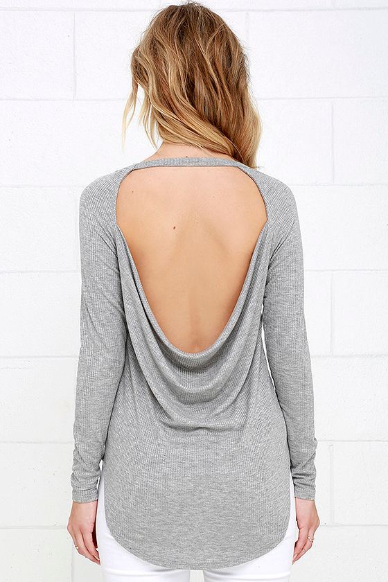Cute Heather Grey Top - Long Sleeve Top - Backless Top - $28.00