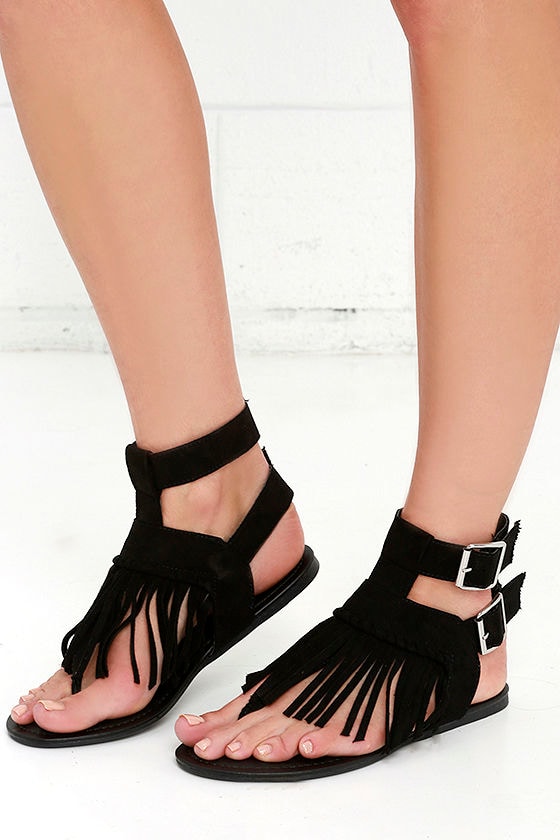 Fringe Sandals - Flat Sandals - Black Suede Sandals - Lulus