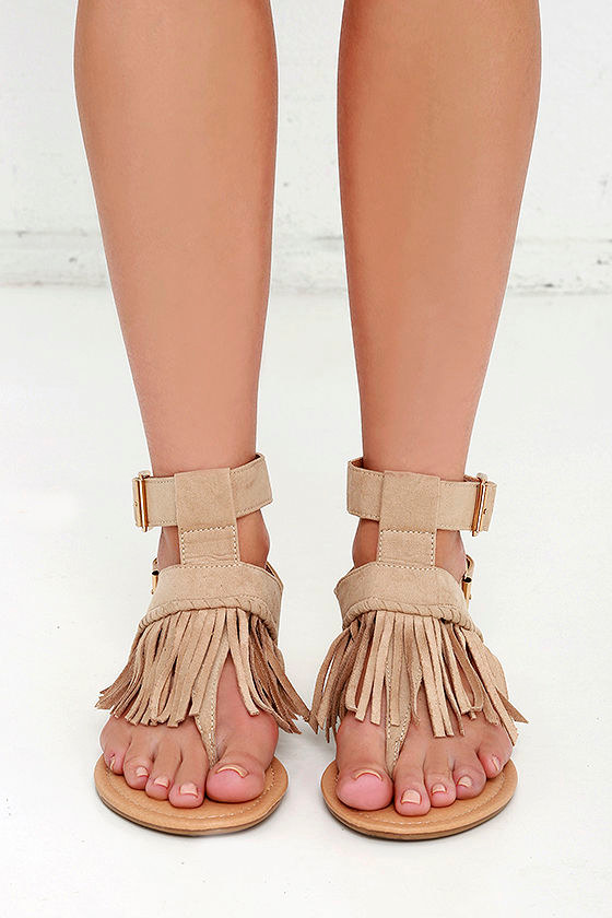 Fringe Sandals - Flat Sandals - Natural Suede Sandals - Lulus