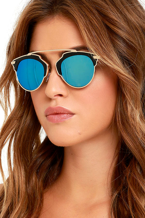 Chic Black And Blue Sunglasses Retro Inspired Sunglasses Mirrored Sunglasses 1500 Lulus
