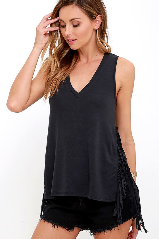 Fun Charcoal Grey Top - Knit Tank Top - Fringe Tank Top - $34.00 - Lulus