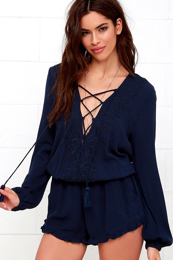 Navy Blue Romper - Embroidered Romper - Lace-Up Romper - $59.00 - Lulus