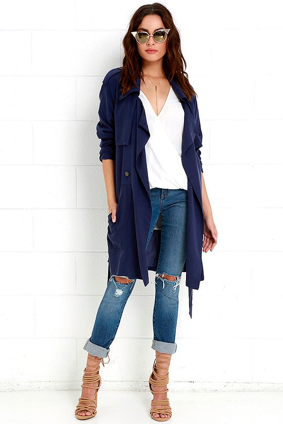 Chic Indigo Blue Coat - Trench Coat - Belted Coat - $94.00