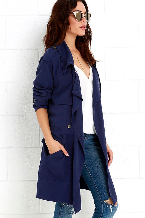 Chic Indigo Blue Coat - Trench Coat - Belted Coat - $94.00