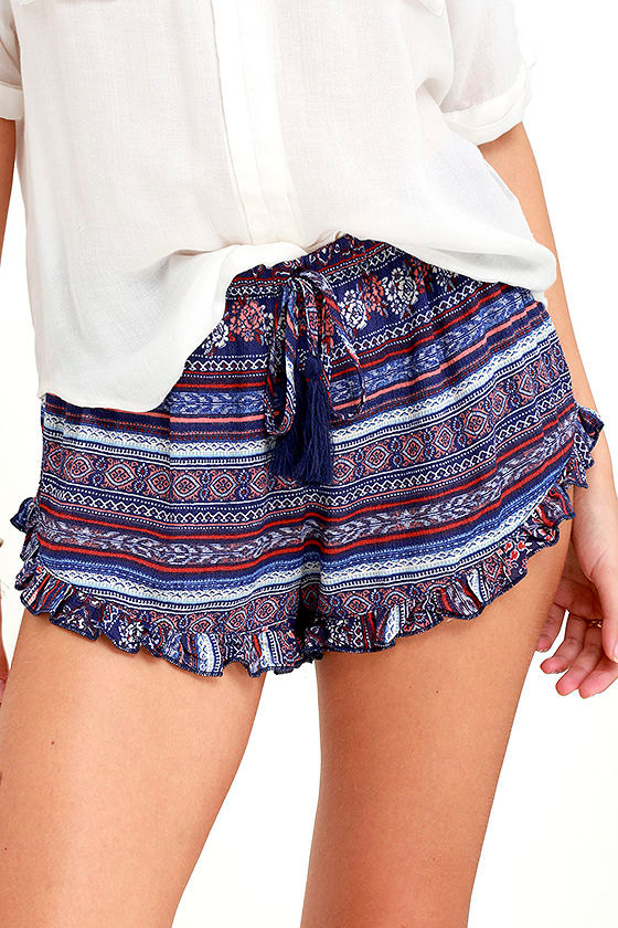 Cute Boho Shorts - Print Shorts - Navy Blue Shorts - Ruffle Shorts ...