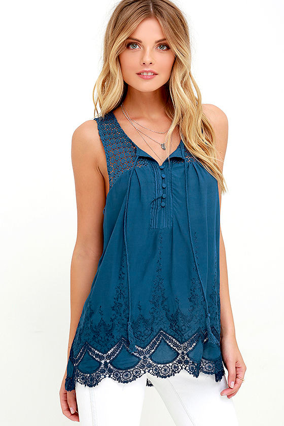 Boho Navy Blue Top Lace Top Embroidered Top 5800 Lulus