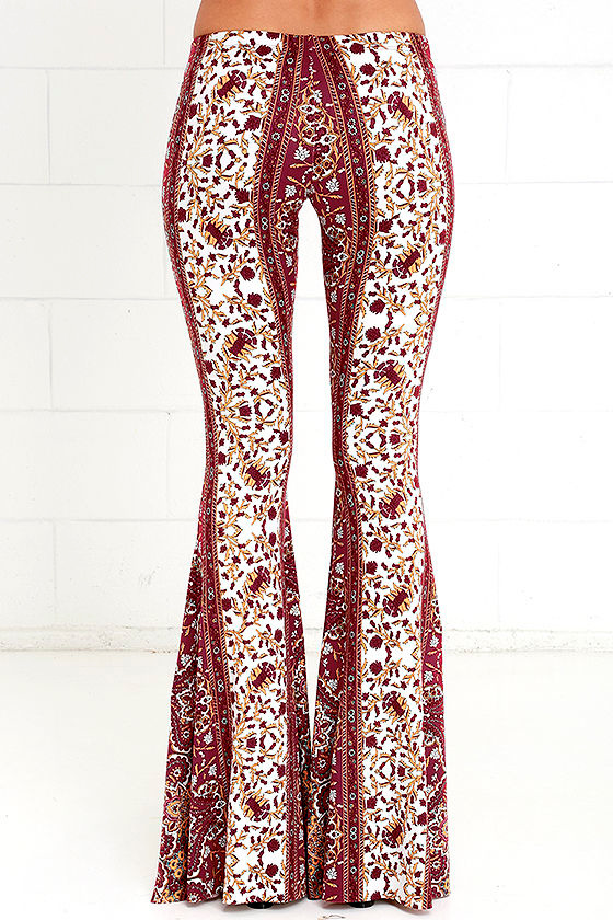 Boho Flare Pants - Burgundy Pants - Floral Print Pants - $36.00