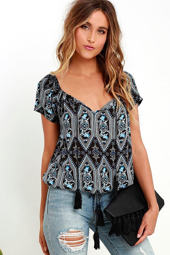 Boho Print Top - Blue and Black Top - Short Sleeve Top - $38.00 - Lulus