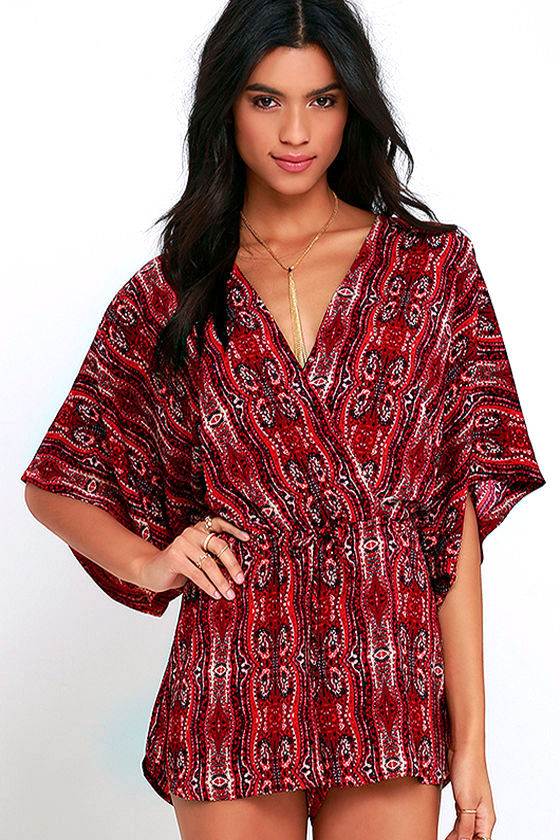 Breezy Red Print Romper - Short Sleeve Romper - Drawstring Romper - $80 ...