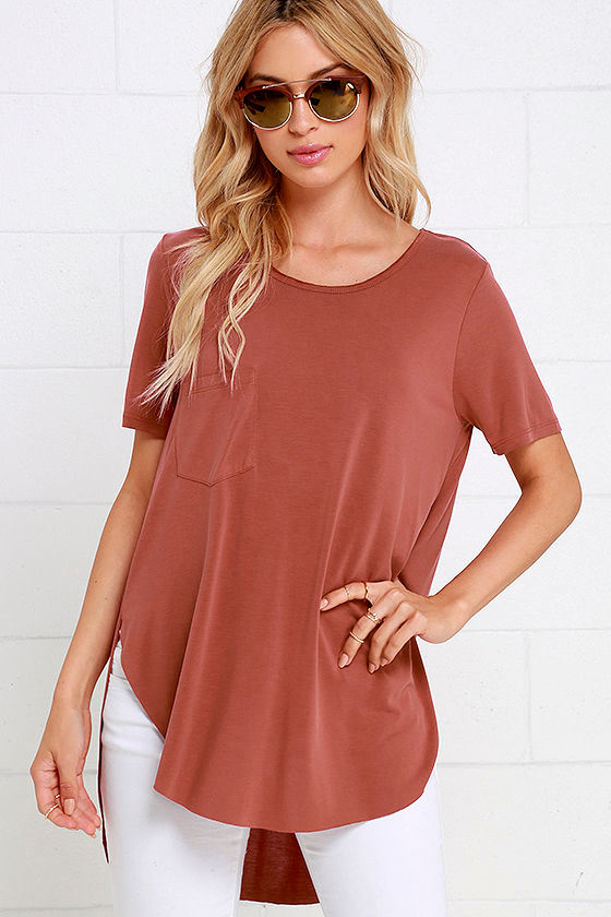 Chic Washed Red Top - Wide-Cut Top- Pocket Tee - $39.00 - Lulus