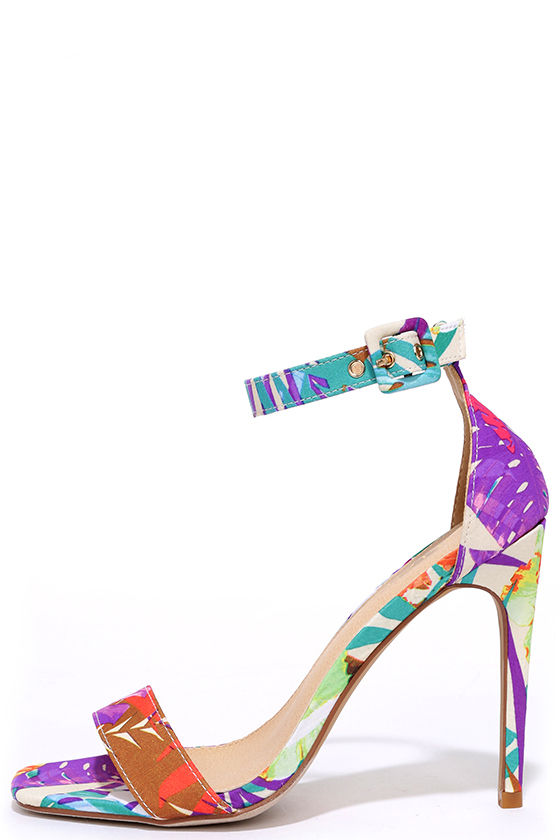 Multi Print Heels - Ankle Strap Heels - Beige Heels - $30.00
