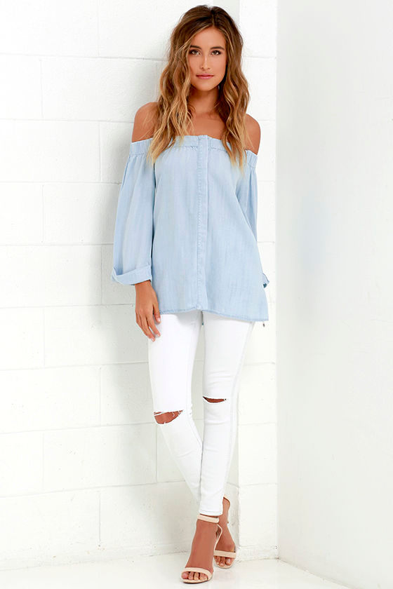 Cute Off-the-Shoulder Top - Light Blue Top - Chambray Top - $66.00 - Lulus