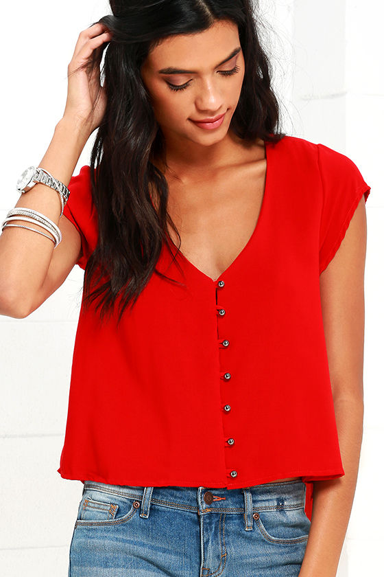 Cute Red Top - Button Front Top - Short Sleeve Top - $34.00 - Lulus