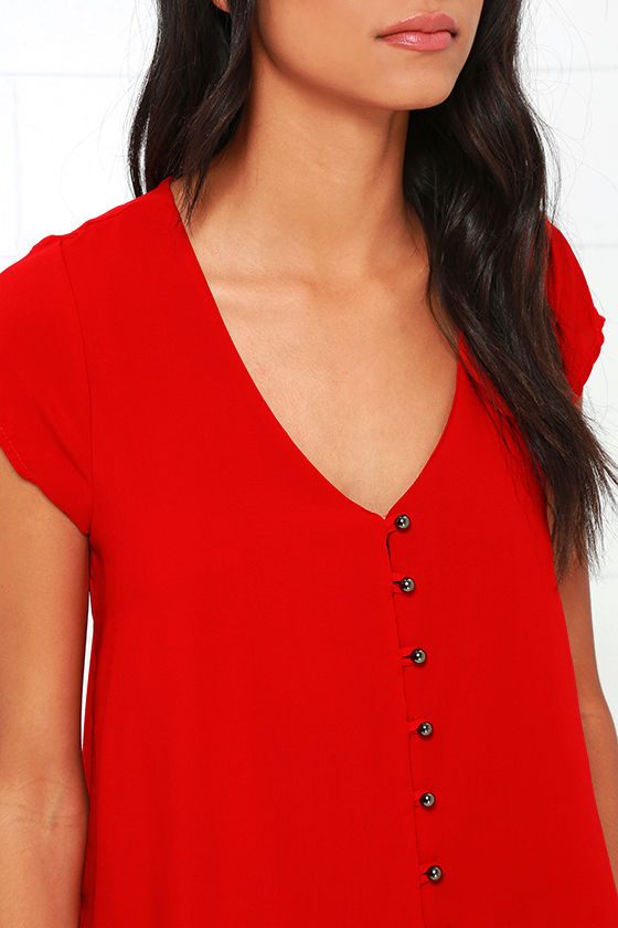 Cute Red Top - Button Front Top - Short Sleeve Top - $34.00
